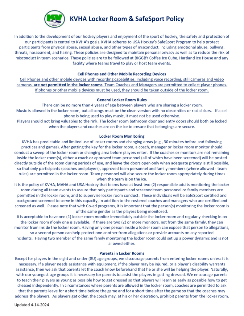 LOCKER ROOM & SAFESPORT POLICY – Kensington Valley Hockey Association