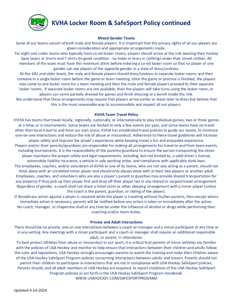LOCKER ROOM & SAFESPORT POLICY – Kensington Valley Hockey Association